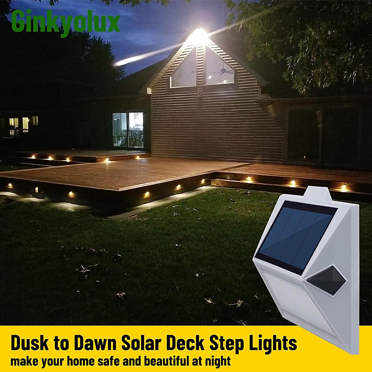 GinkyoLux Solar Deck Step Lights, 8 LEDs 3500K Warm White, Waterproof Dusk to Dawn Stair Garden Pathway Fence Railing Patio Landscape Lighting Ideal for Home Safety and Beauty, 2-Pack