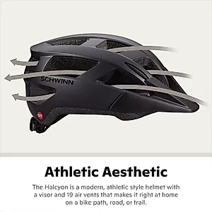 Schwinn Halcyon ERT Bike Helmet for Youth Boys Girls, Ages 8 to 14, Can Fit Head Circumference 54-58 cm, 19 Vents, Removeable Visor, Adjustable Fit, Medium Black
