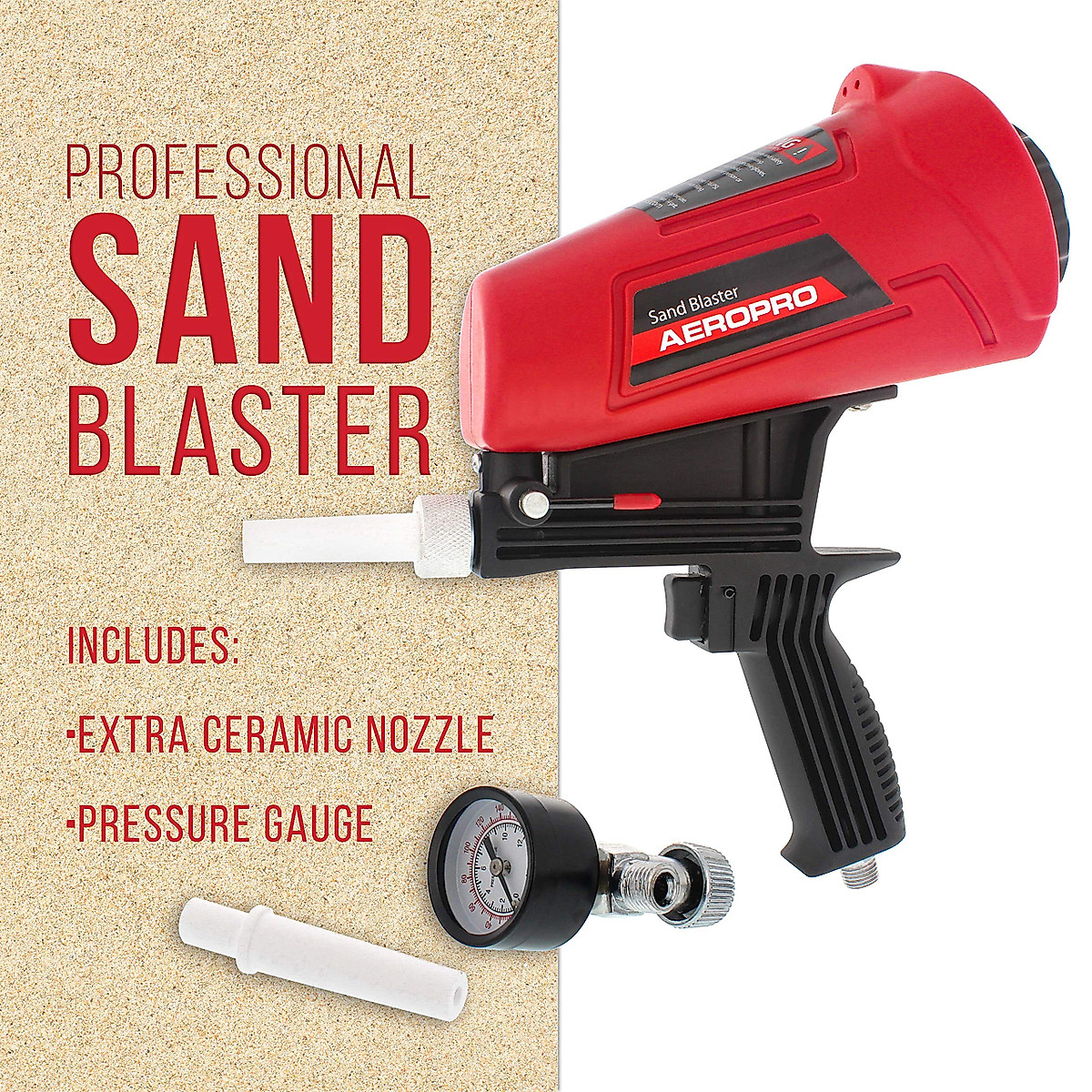 TCP Global Gravity Feed Sand Blaster Gun Kit - Hand Held Sand Blasting Spray Gun with 2 Ceramic Nozzle Tips and Air Regulator - Blast Abrasive Media, Soda, Bead, Walnut, Aluminum Oxide - Pneumatic