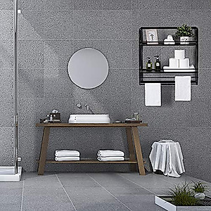 2 Tier Industrial Bathroom Shelves Wall Mounted, Large Towel Racks Storage Shelf, 24 " Metal Rustic Wall Shelves Over Toilet with Towel Bar and 10 Hooks Rack, Utility Storage Shelf Rack,Retro Black