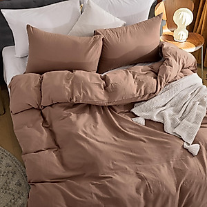 NEXHOME PRO Duvet Cover Set Queen Size Linen Textured Organic Natural 100% Washed Cotton Duvet Cover Mocha Brown 3 Pieces Bedding Set with Zipper Closure, Breathable, Soft (No Comforter)