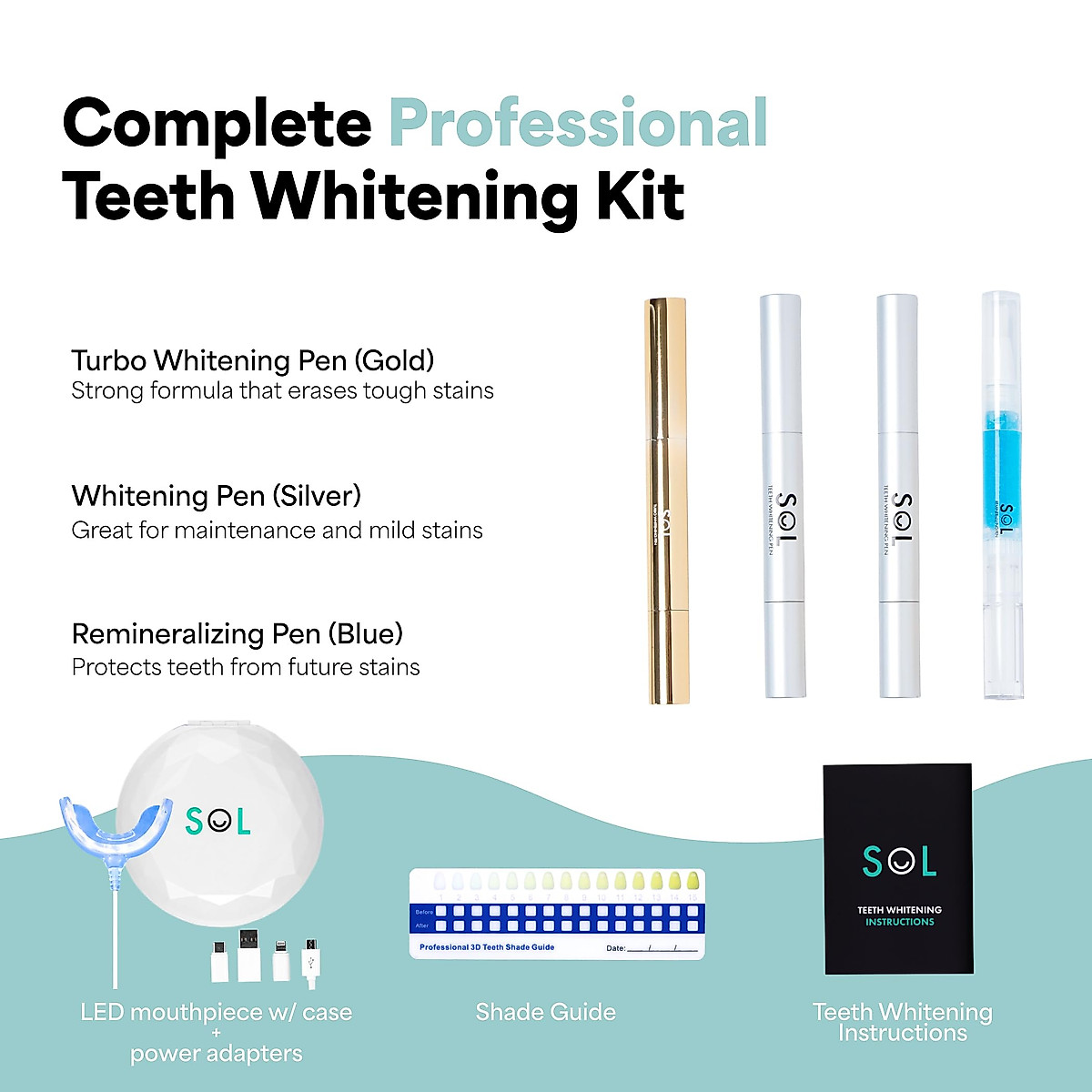 Sol Professional Teeth Whitening Kit with LED Light, Non-Sensitive & Fast Tooth Whitener, All Natural, Vegan, 3 Carbamide Peroxide Whitening Gel & 1 Remineralizing Pen, Shade Guide & Case, 50 Sessions