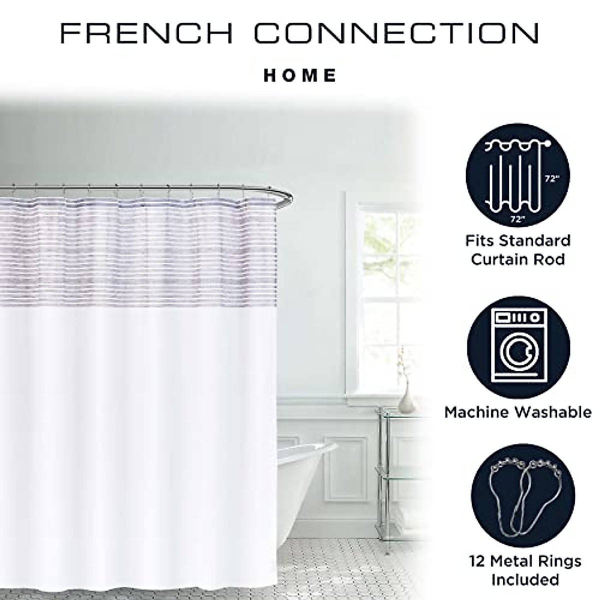 French Connection White and Navy Shower Curtains - 13 Piece Dobby Set with 12 Rustproof Metal Hooks - Hotel Quality & Machine Washable, Standard Size 72x72, White and Navy