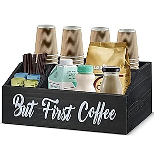 Wooden Coffee Station Organizer, Coffee Bar Accessories Organizer for Counter, Coffee Bar Bin Box, Coffee Pods Holder Storage Basket, Farmhouse Kitchen Coffee Bar Decor, Coffee Lovers Gift…