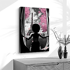 African American Wall Art Black Girl Pink Flowers Canvas Prints Modern Black and White Wall Art Fashion Paris Decoration Pictures Painting Framed Artwork Home Decor for Bedroom Bathroom 16x24inch