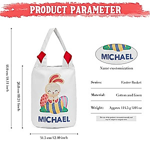 Customized Name Canvas Tote Bag Bunny Printed Easter Basket, Egg Hunt Easter Bags with Rabbit Ears for Kids Boys Girls First Easter Party Decorations Favors Gifts, Cute Easter Basket