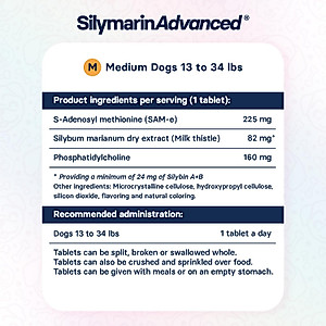SilymarinAdvanced Liver Health Supplement for Medium Dogs, S-Adenosylmethionine (Same) and Silybin, Liver Tablets, Cognitive Support, 30 Tablets