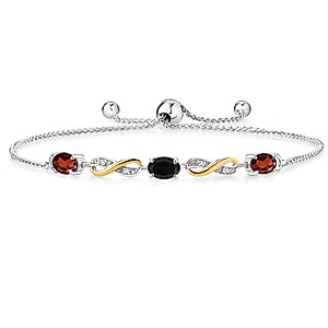 Gem Stone King 925 Sterling Silver and 10K Yellow Gold Red Garnet Black Onyx and White Lab Grown Diamond Adjustable Infinity Bracelet For Women | 1.57 Cttw | Fully Adjustable Up to 9 Inch