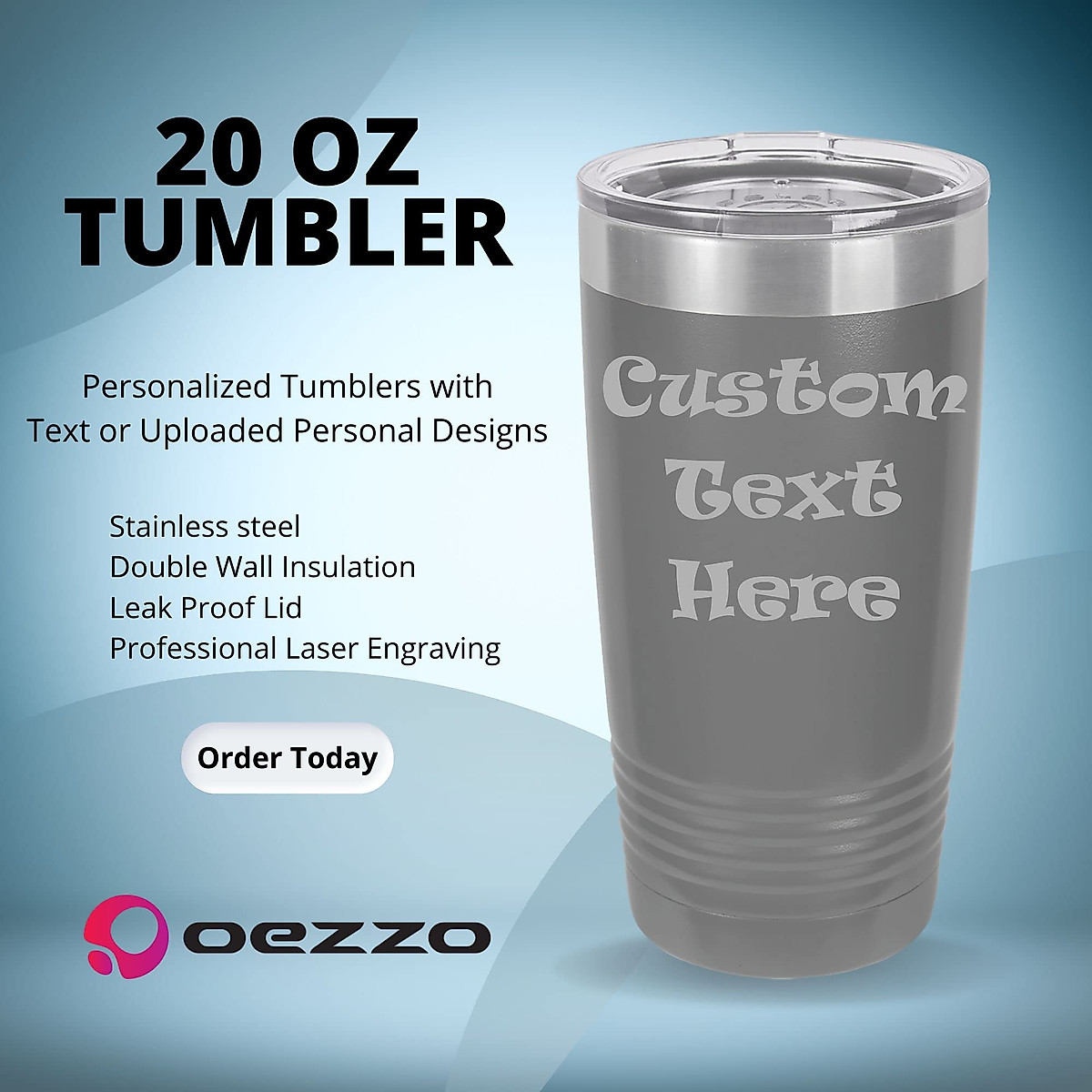 OEZZO Customized Tumblers, Double Wall Personalized Bottles with Splash and Leak Proof Upgraded Slider Lid, Laser Engraved Text on One or Two Sides (20oz, Gray)
