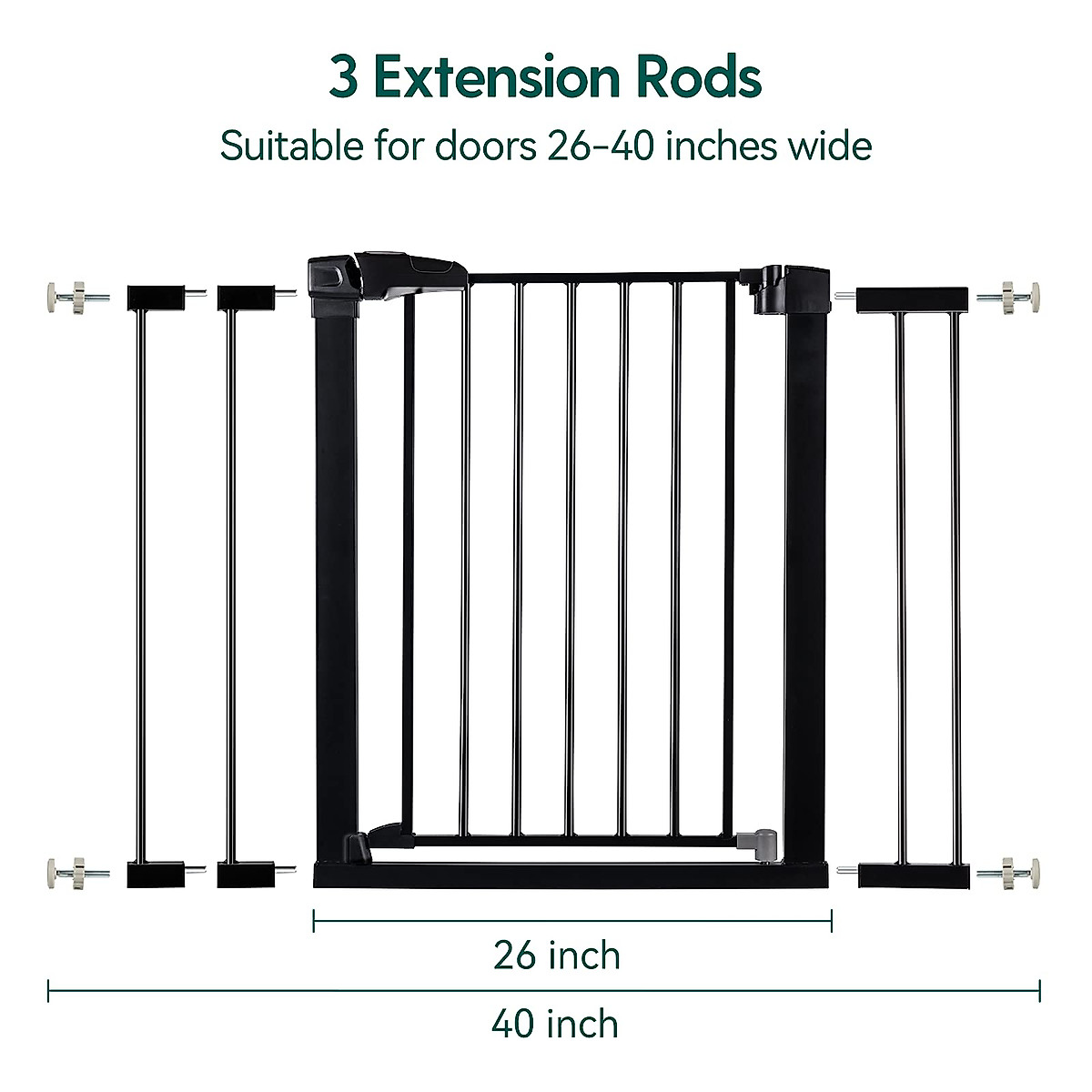 BABELIO 26-43 Inch Easy Install Extra Wide Pressure Mounted Metal Baby Gate, No Drilling, No Tools Required, with Wall Protectors and Extenders (Black)