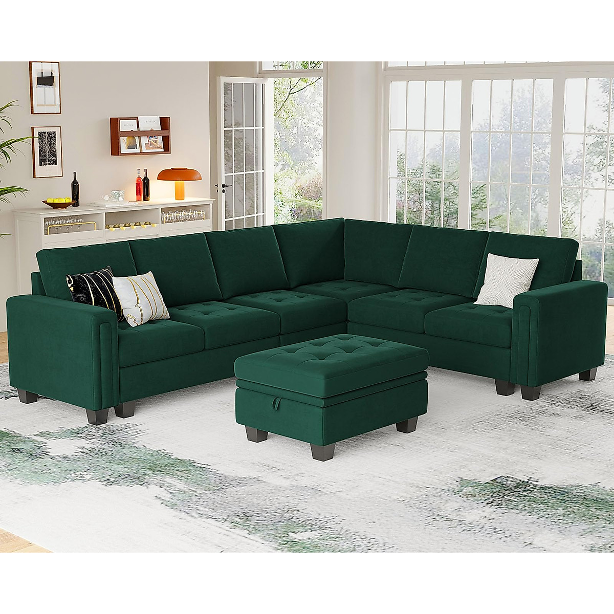 Belffin Velvet L Shaped Sofa Couch with Reversible Chaise Convertible Modular Sectional Sofa Set with Storage Ottoman Corner Sofa Set for Living Room Green