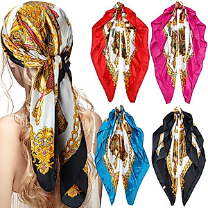 Honoson 4 Pieces 35 Inch Satin Head Scarves Large Square Silky Feeling Headband Satin Boho Hair Bandanas for Women Girls (Stylish Series)