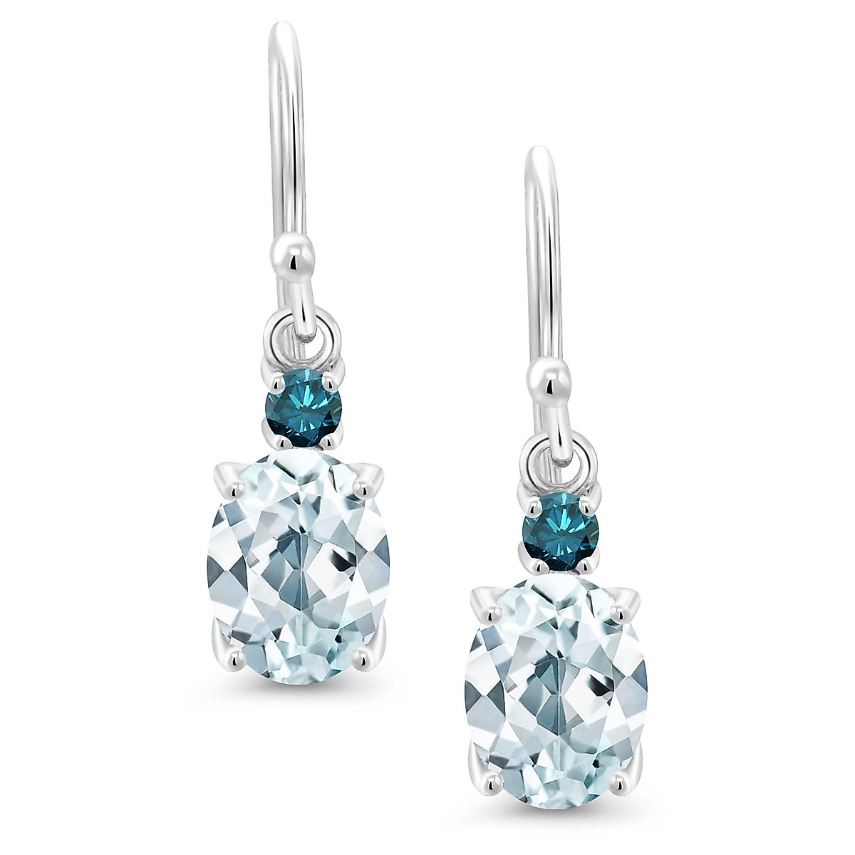 Gem Stone King 10K White Gold Sky Blue Aquamarine and Blue Diamond Dangle Earrings For Women (2.33 Cttw, Gemstone Birthstone, Oval 8x6mm)