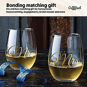 Triple Gifffted Mr and Mrs Wine Glasses Couples Gifts Ideas for Wedding, Anniversary, Gift for Engagement, Bride & Groom, Newlyweds, His and Hers, Wife, Husband, Christmas Presents