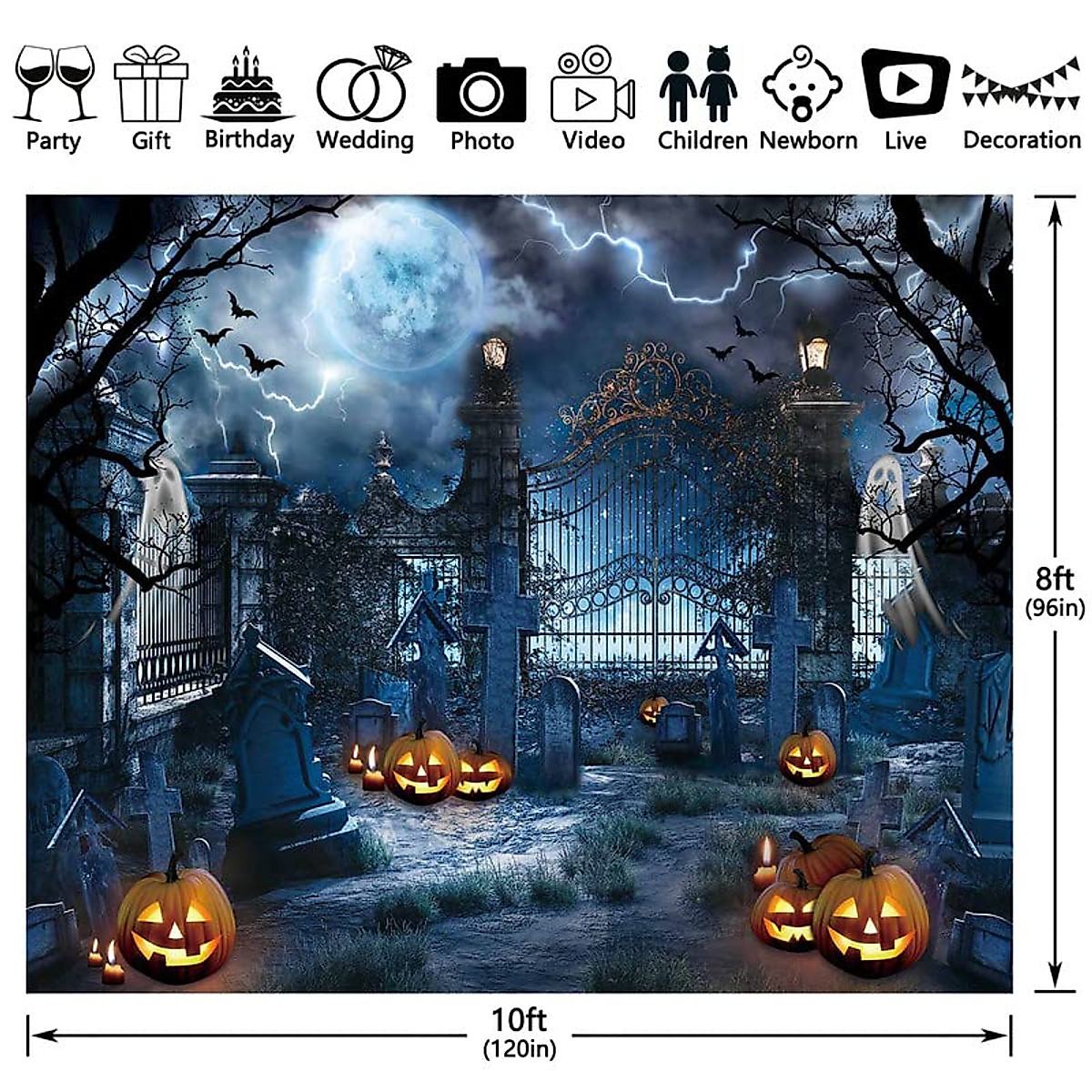 Swepuck 10x8ft Halloween Haunted Graveyard Photography Backdrop Pumpkin Lantern Spooky Night Moon Background Kids Ghost Party Decorations Banner Photo Booth