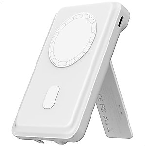 iWALK MAG-X Magnetic Wireless Power Bank with Stand, 5000mAh Portable Charger with USB-C Port & LED Display, Ergonomic Grip Design Battery Pack Compatible with iPhone 14/13/12 Series,White