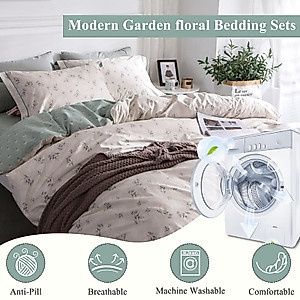 VClife Soft Cotton Queen Duvet Cover Breathable Beige Sage Green White Floral Bedding Duvet Cover for Girl Skin-Friendly Bedding Duvet Cover with Zipper Closure - 1 Duvet Cover and 2 Pillowcases