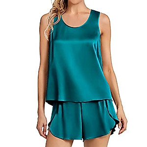 SWOMOG Women's Satin Sleepwear Set Tank Pajama Silky Sleeveless Top and Shorts 2Pcs Nightwear