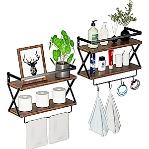 Neepiar Floating Shelves Bathroom Wall Shelf with Towel Bar Wall Shelves for Kitchen Living Room Bedroom Rustic Wood Wall Shelf with Protective Metal Guardrail Tissue Rack - Set of 2