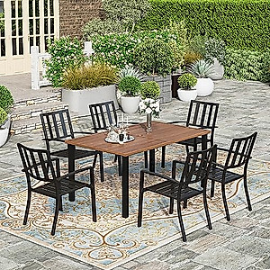 HERA'S HOUSE 7 Pieces Patio Dining Set, Outdoor Table and Chairs Set for 6, 60" Wood Look Table and 6 x Metal Patio Chairs for Backyard Lawn Garden Deck