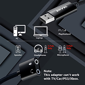 ENVEL USB to 3.5mm Audio Adapter,External Stereo Sound Card with Dual TRS 3-Pole 3.5mm Headphone and Microphone Jack for PS4/PS5/PC/Laptop, Built-in Chip Mic-Supported Headphone Adapter (Black Pro)