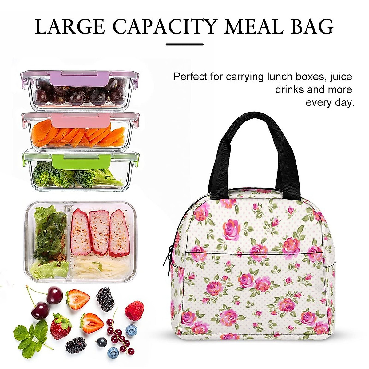Roses Lunch Bag for Women Men, Insulated Meal Bag, Lunch Tote Bag for Work Outdoor