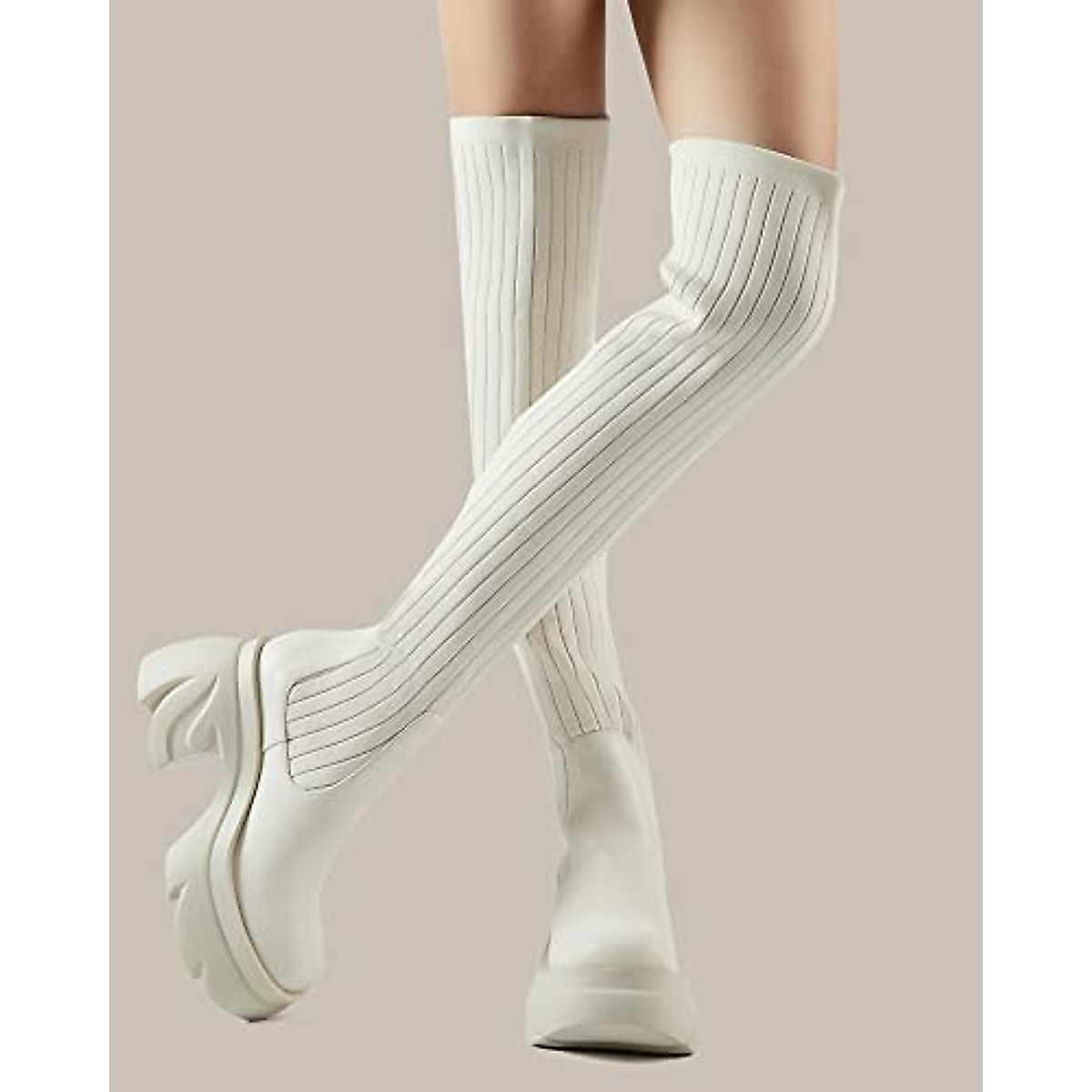 Shoe'N Tale Thigh High Knit Sock Boots Round Toe Mid Chunky Heel Stretch Over the Knee Boots for Women(7,Cream-unique Heel)