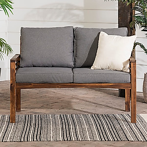 Walker Edison 2 Person Outdoor Patio Modern Wood and Metal Loveseat with Washable Cushions All Weather Backyard Conversation Garden Poolside Balcony, 48 Inch, Dark Brown and Grey