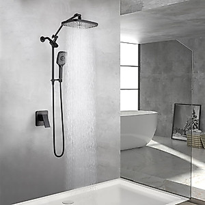 POP SANITARYWARE Shower Head with Handheld Matte Black, High Pressure 12 Inch Showerhead with Wand Built-in Power Wash, 71 Inch / 6 ft Hose, Press Button 4-Way Diverter, Adjustable Extension Arm