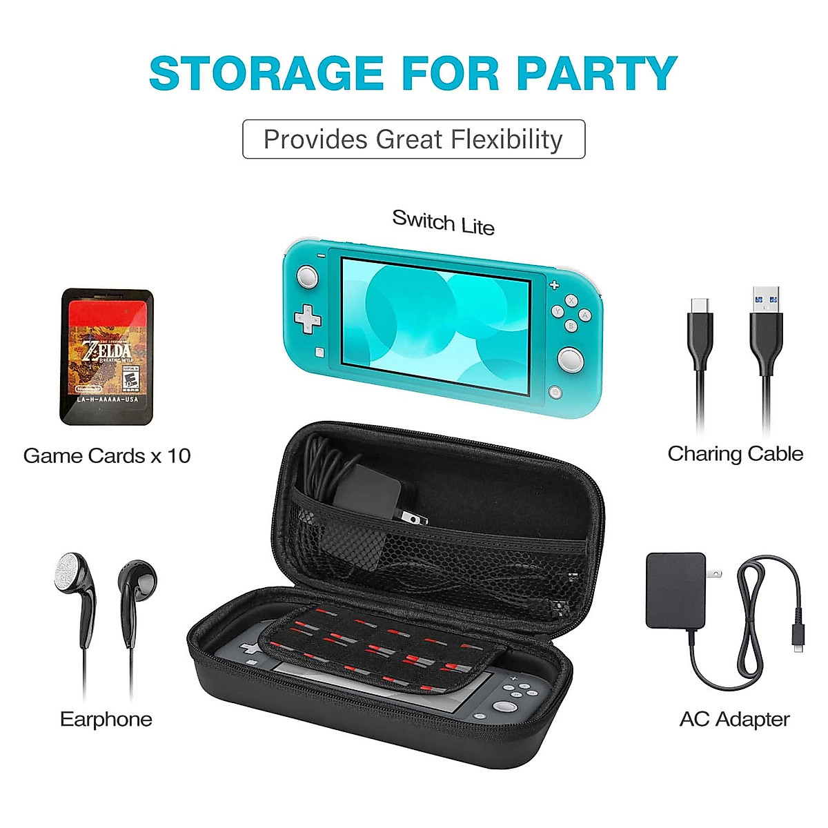 ProCase Carrying Case for Switch Lite with Screen Protector, Portable Travel Carry Case Hard Shell 2 in 1 Accessories Kit for Switch Lite 2019 with 10 Game Cartridges -Black