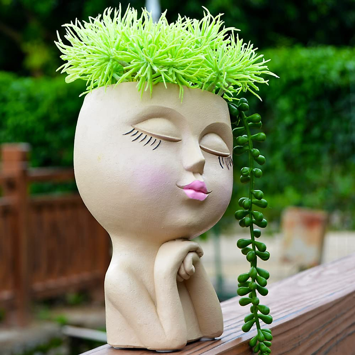 Face Planter Pot Head Planters, Lady Heads Flowerpot, Cute Girl Faces Plant Pot, Bust Statue Flower Pots, Round Women Succulent Pots for Indoor Outdoor Plants, Modern Vase with Drainage (7" Cream)