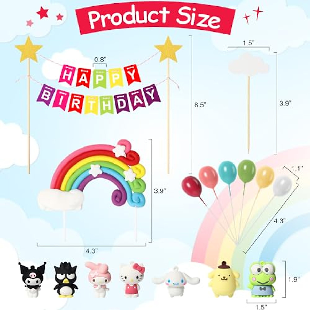 Lidmada 20Pcs Rainbow Kitty Cake Topper Banner Hello Birthday Party Cake Decorations Supplies Set, Mini Colorful Clouds Stars Party Decors Favors for Kids Girls Boys Baby Shower Happy Birthday