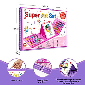 Art Supplies, 272 Pack Art Set Drawing Kit for Girls Boys Teens Artist, Deluxe Gift Art Box with Trifold Easel, Origami Paper, Coloring Pad, Drawing Pad, Pastels, Crayons, Pencils, Watercolors(Purple)