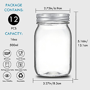 YEBODA 16 oz Wide Mouth Mason Jars 12 Pack Glass Canning Jars with Airtight Lids and Bands for Preserving, Jam, Honey, Jelly, Wedding Favors, Sauces, DIY Spice Jars, Salad, Yogurt