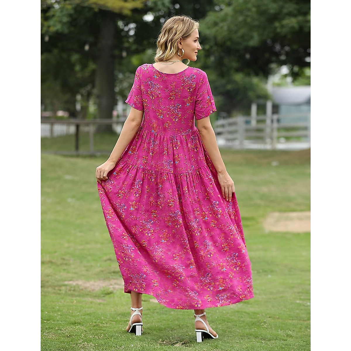 YESNO Women Casual Loose Bohemian Floral Dress with Pockets Short Sleeve Long Maxi Summer Beach Swing Dress L EJF CR26 Pink