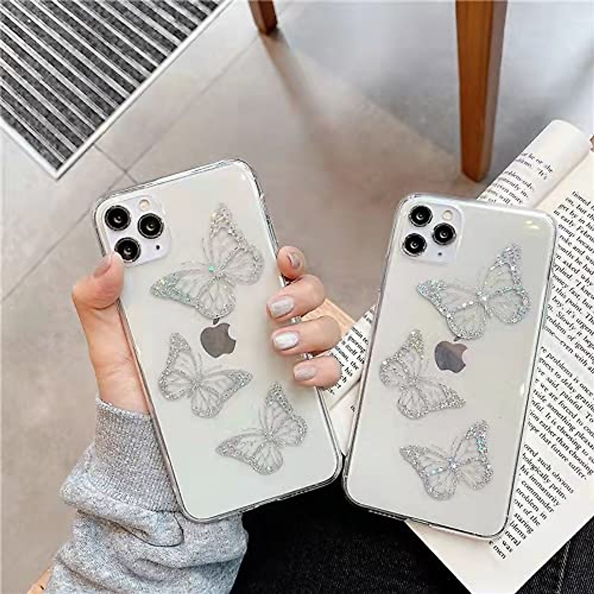 LUSAMYE iPhone 14 Pro Max Case - Cute Butterfly Design, Clear Glitter Electroplated Cover with Screen Protector for Girls & Women