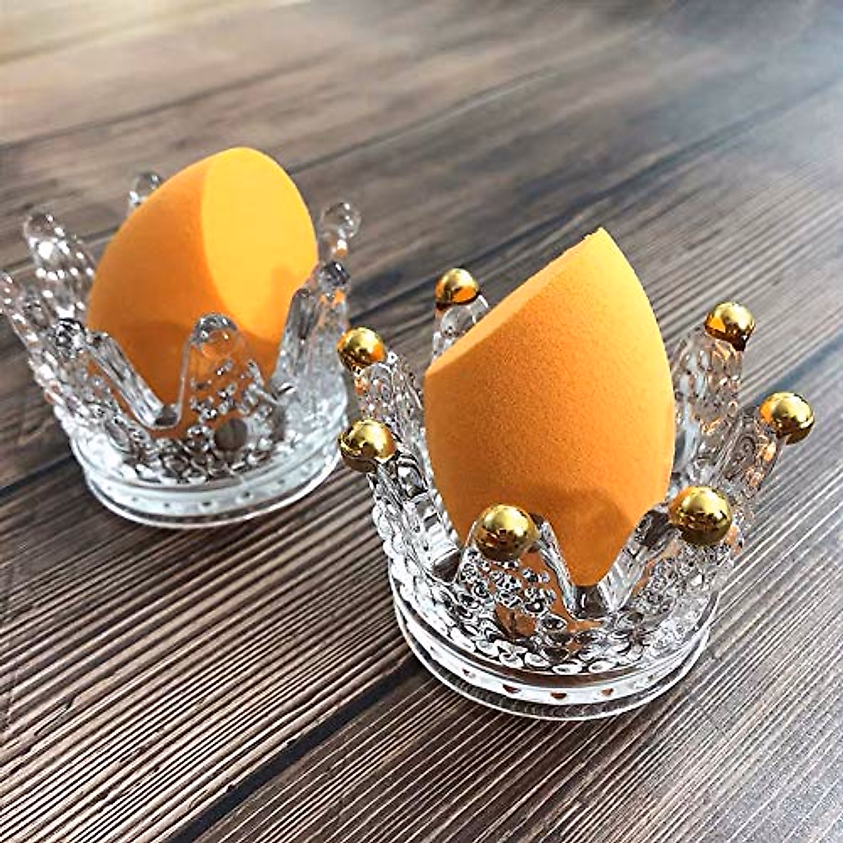 Lemonadeus Beauty Blender Holder Makeup Sponge Holder Crown Glassware Stand Storage Powder Puff Display Stand（2 Pack） (1 gold and 1 clear)