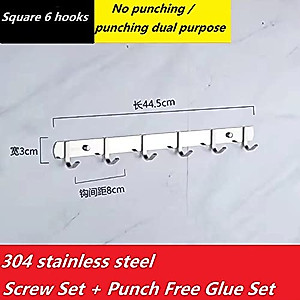 HSXJJ Wall Mounted Coat Hook Rack 304 Stainless Steel Towel Rack and Key Rack, Wall Mounted 6 Square Coat Hooks