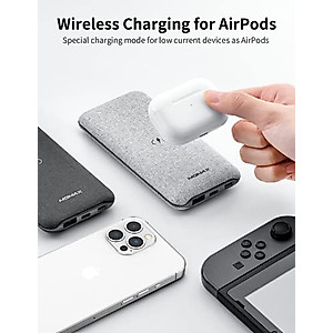 MOMAX Wireless Portable Charger, 10000mAh MFi Power Bank Lightning Input 20W PD QC 3.0 USB C External Battery Pack 2 Input & 3 Output Phone Charger for iPhone, Airpods, Samsung, Android (Dark Grey)