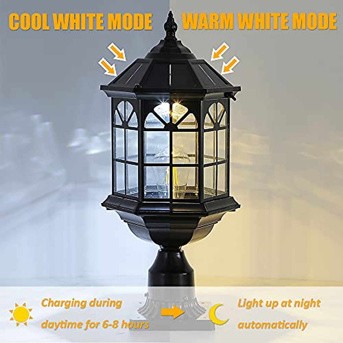 GYDZ Solar Post Light Fixture Outdoor Solar Pier Light, Solar Lamp Post Light for Garden, Patio, Vintage Design Die Cast Aluminum Post Light in Oil-Rubbed Black with Clear Glass, Hard Wired Available
