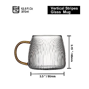 ZHMTang Premium Unique Glass Coffee Mugs Set of 2 Fancy Cups with Stylish Vertical Stripes Pattern - Light Yellow Handle (Clear)