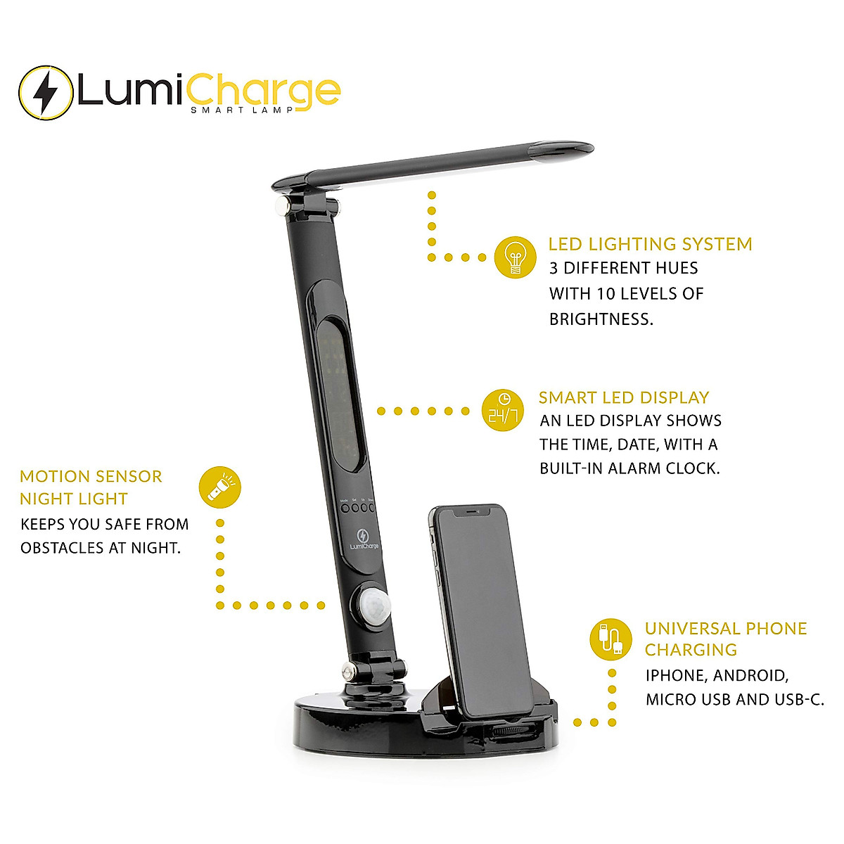 LumiCharge I Smart Eye Friendly LED Desk Lamp for Home Office Desk with USB l Multiple Hues l Adjustable led Desk lamp with Wireless Charger l Clock Display l Compatible to All Phones & Apple Watch