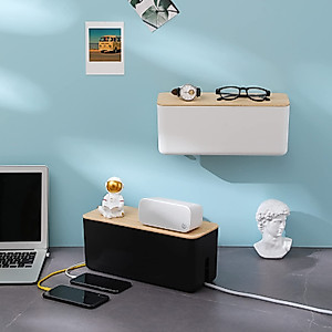 Changsuo Wall Mount Cable Management Box Medium Cable Organizer Box for Extension Cord Power Stripe Surge Protector Wire Management Concealer Organizer Cover Hider for Desktop (Medium, Black)