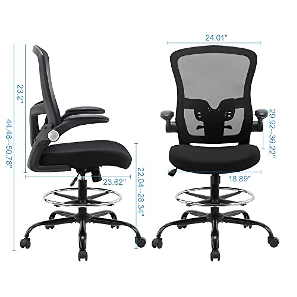 Mesh Ergonomic Drafting Chair,Tall Adjustable Office Chair,Standing Desk Chair,Counter Height Office Chairs,Drawing Chair with Adjustable Foot Ring and PU Arms (Black)