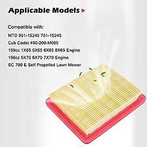 KLWZH 951-15245 Air Filter for MTD 751-15245 Craftsman Cub Cadet 490-200-M065 159cc 1X65 5X65 6X65 8X65 Engines 196cc 5X70 6X70 7X70 SC 700 E Self Propelled Troy-Bilt TB230 Engine Lawn Mower 2PCS