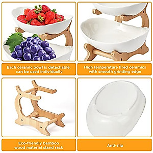 ERFEI Fruit Bowl Oval Ceramic Bowls with Wood Rack Tied Serving Tray Food Display Stand Bowl for Kitchen Counter, Home, Parties (2 tier)