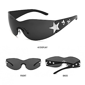 Haqptul Rimless Y2K Sunglasses Star Wrap Around Glasses 2000S Accessories for Women Men Trendy Fashion Cool Shield Shades (Pink/Pink)