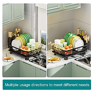 TC Lgog Dish Drying Rack for Kitchen Counter – Drainboard with 4 Slots Knife, Fork & Cup Holder Organizers, Rotating Swivel Spout, Durable Coated, Attractive Black