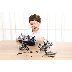 JOYIN 9 Pcs Combat Boat and Military Vehicle Toys Set with Realistic Military Combat Boat, Mini Helicopter, Motorcycle, Army Men Toy Soldiers Action Figures and Other Equipment Accessories