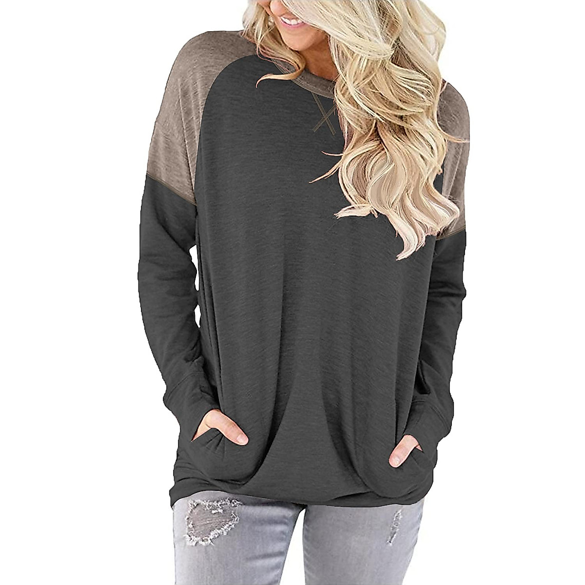 Angerella Tops for Women Cute Color Block Long Sleeve Shirts Basic Lightweight Round Neck Sweatshirt Gray M